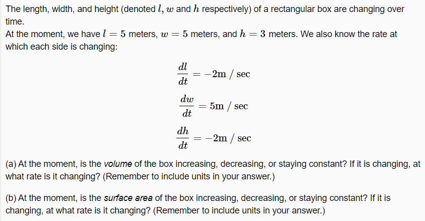Solved The length, width, and height (denoted l, w and h | Chegg.com