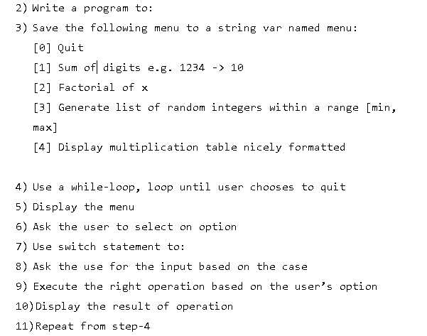 Solved 2 Write A Program To 3 Save The Following Menu To