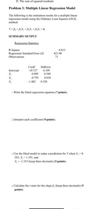 Solved D. The sum of squared residuals Problem 3: Multiple | Chegg.com