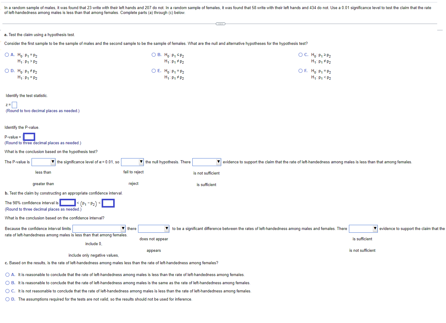 Solved of left-handedness among males is less than that | Chegg.com