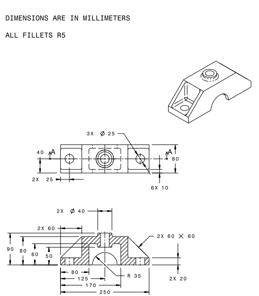 Solved DIMENSIONS ARE IN MILLIMETERS ALL FILLETS R5 3x Ø 25 | Chegg.com