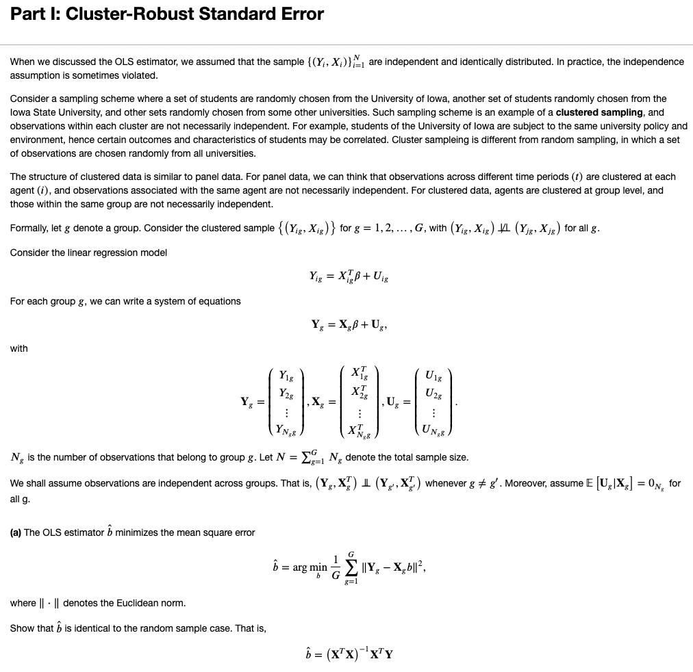 Part I: Cluster-Robust Standard Error When we | Chegg.com