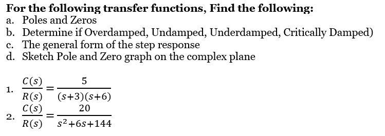 Solved For the following transfer functions, Find the | Chegg.com