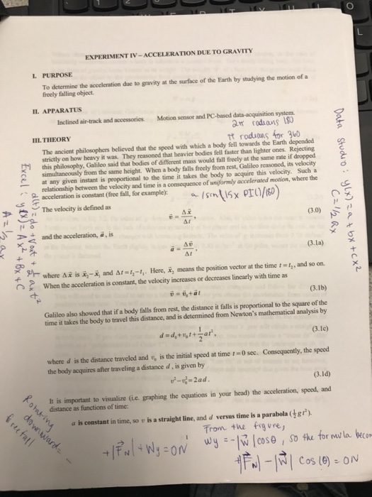 Solved EXPERIMENT IV-ACCELERATION DUE TO GRAVITY L PURPOSE | Chegg.com