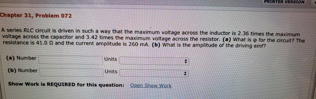 Solved PRINTER VERSTON Chapter 31, Problem 072 A series RLC | Chegg.com