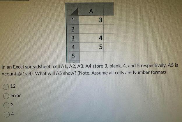Solved In an Excel spreadsheet, cell A1, A2, A3, A4 store 3 | Chegg.com