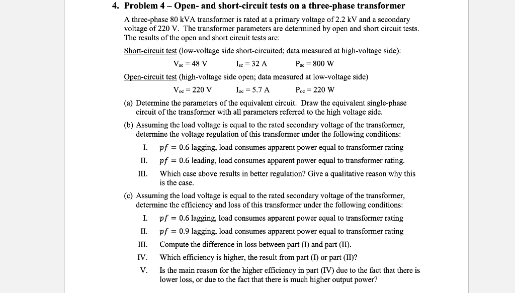 Solved 4. Problem 4-Open- and short-circuit tests on a | Chegg.com