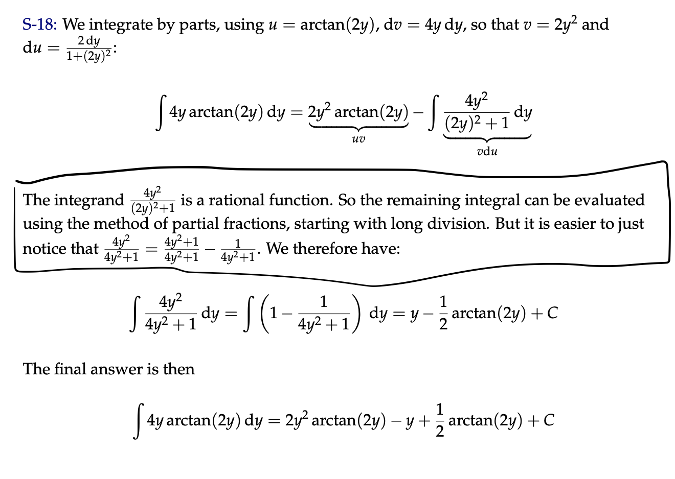 Solved S-18: We integrate by parts, using u=arctan(2y),dv=4y | Chegg.com