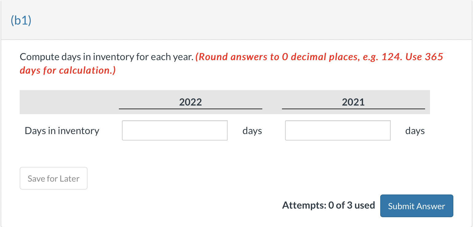 Solved Compute days in inventory for each year. (Round | Chegg.com