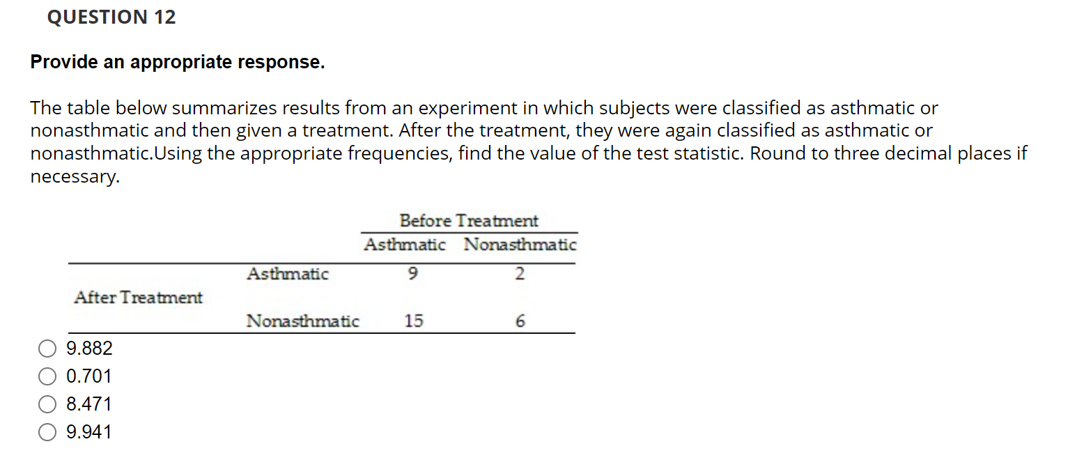 Solved Provide an appropriate response. The table below | Chegg.com