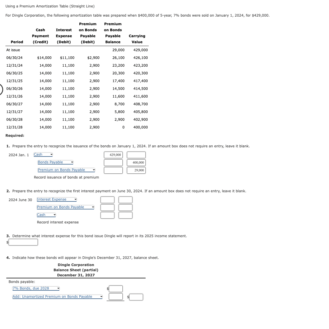 Solved Using a Premium Amortization Table (Straight Line) | Chegg.com