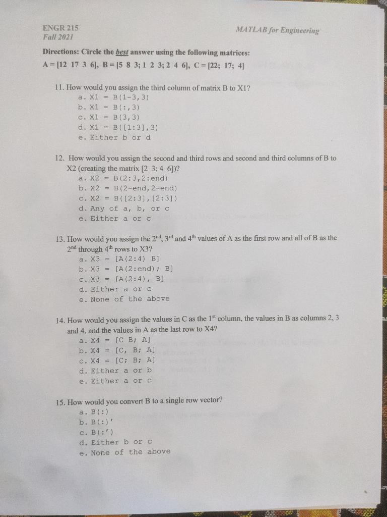 Solved ENGR 215 MATLAB for Engineering Fall 2021 Directions: | Chegg.com