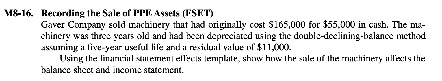 Solved 16. Recording the Sale of PPE Assets (FSET) Gaver | Chegg.com