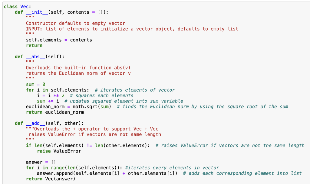 Solved Copy-paste your implemented Matrix and Vec classes to | Chegg.com