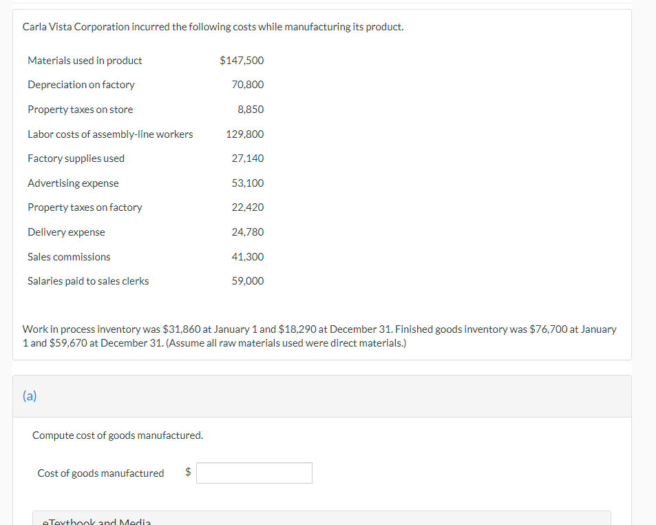 Solved Carla Vista Corporation incurred the following costs | Chegg.com