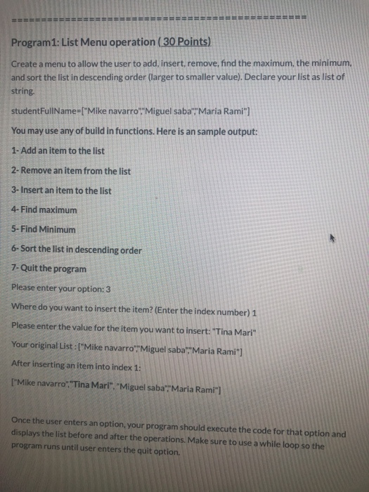 Solved Program1 List Menu Operation 30 Points Create A