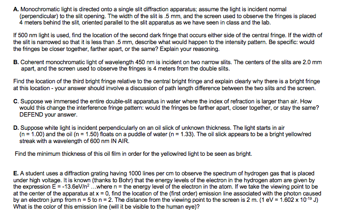 Solved A. Monochromatic light is directed onto a single slit | Chegg.com