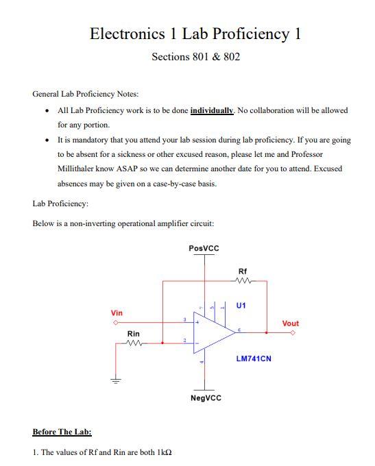 Electronics 1 Lab Proficiency 1 Sections 801 & 802 | Chegg.com