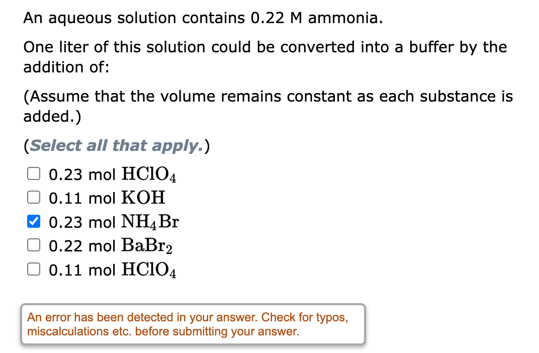 Solved An aqueous solution contains 0.22M ammonia. One | Chegg.com