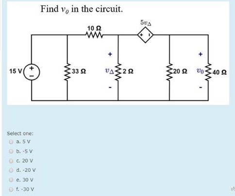 Solved Find v0 in the circuit. one: a. 5 V b. −5 V C. 20 V | Chegg.com