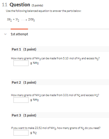 Solved 11 Question (3 points) 1st attempt Part 1 (1 point) | Chegg.com