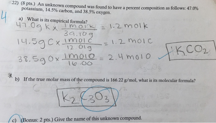 Solved An unknown compound was found to have a percent | Chegg.com