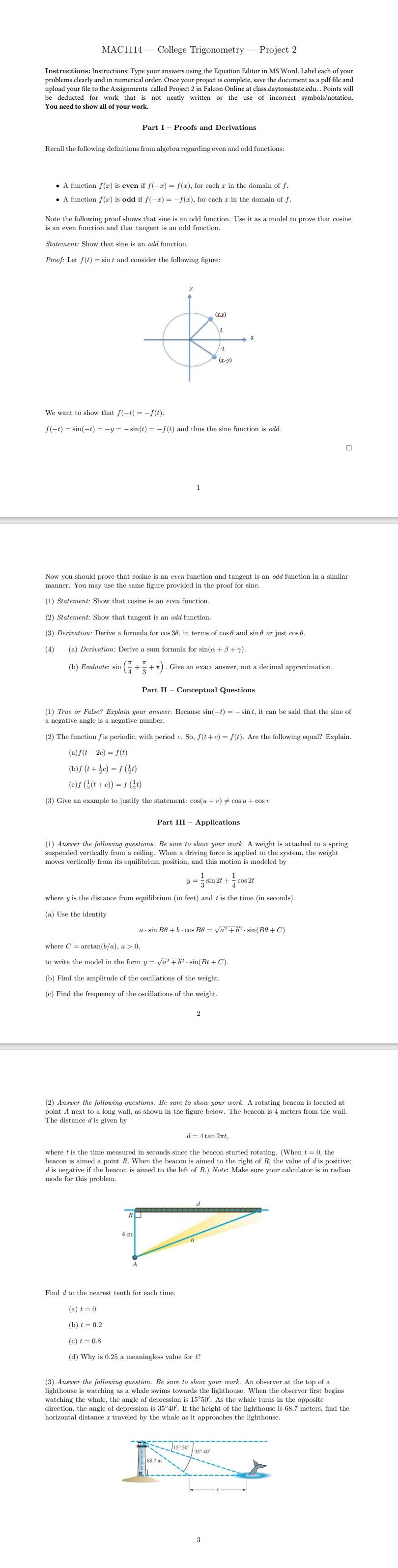Solved MAC1114 College Trigonometry Project 2 Instructions: | Chegg.com