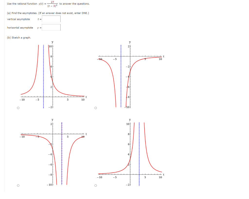 Solved Use the rational function y(t)=(t−3)227 to answer the | Chegg.com