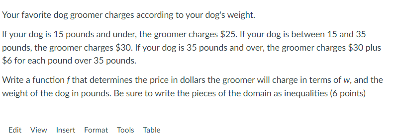 Solved Your favorite dog groomer charges according to your | Chegg.com