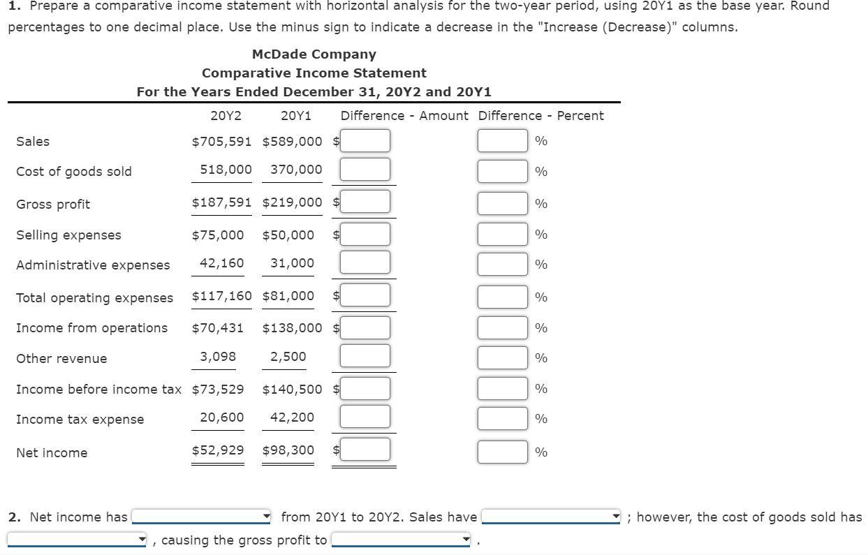 Solved Horizontal Analysis of Income Statement For 20Y2, | Chegg.com