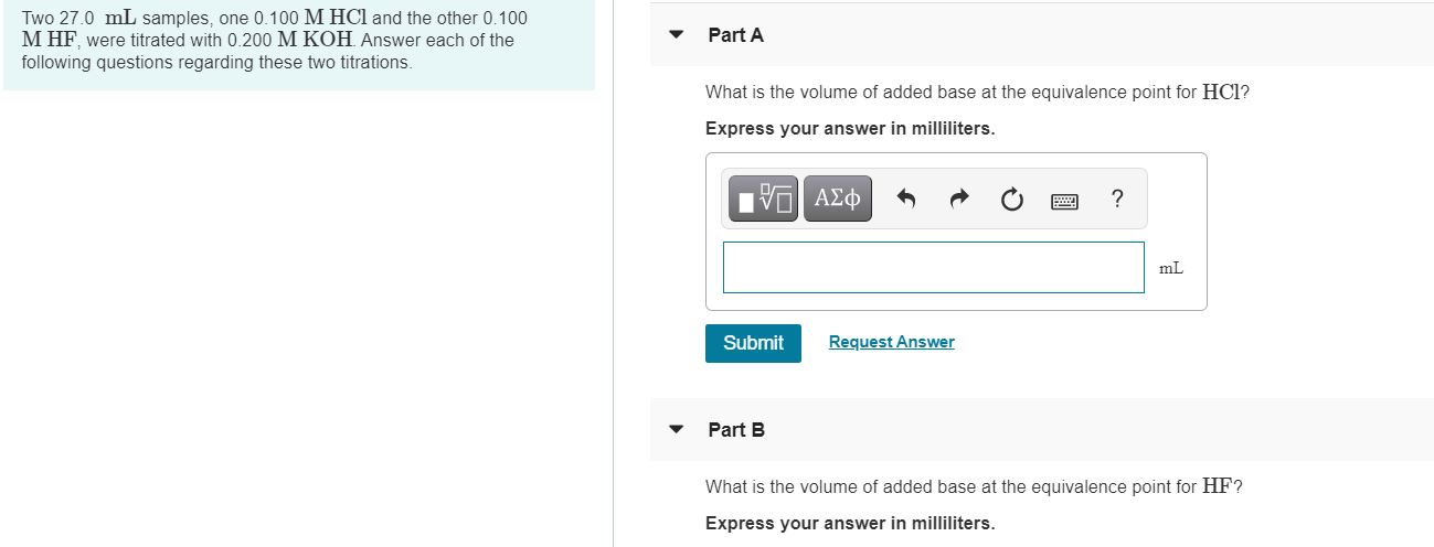 Solved Two 27.0 mL samples, one 0.100 M HCl and the other | Chegg.com