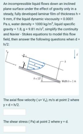 Solved An incompressible liquid flows down an inclined plane | Chegg.com