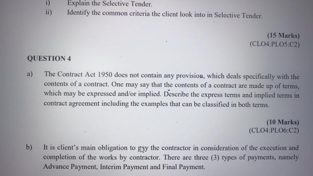 Solved 1) Explain the Selective Tender. Identify the common | Chegg.com
