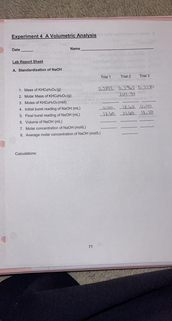 Solved Experiment 4 A Volumetric Analysis Date Name Lab | Chegg.com