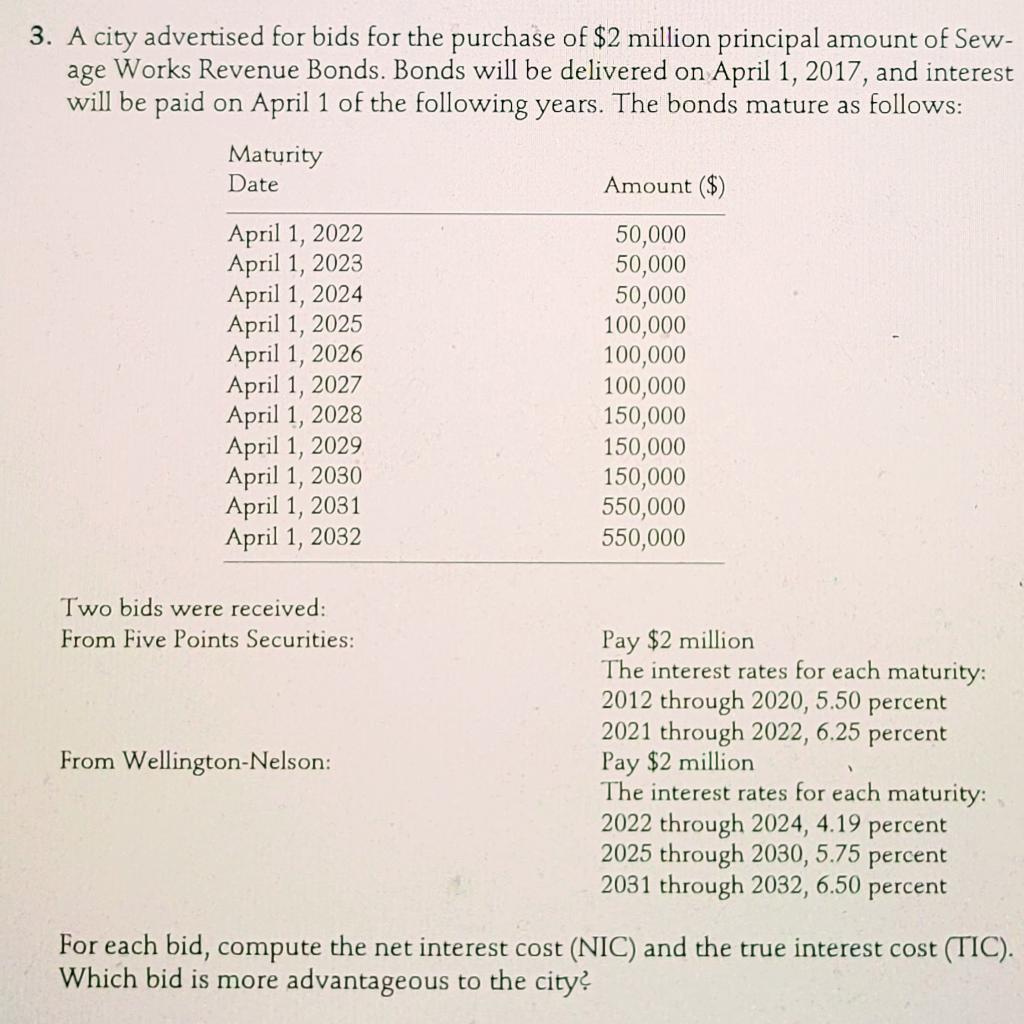 Solved 3. A city advertised for bids for the purchase of $2 | Chegg.com