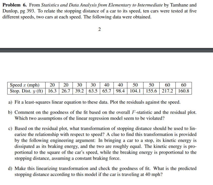 Problem 6. From Statistics and Data Analysis from | Chegg.com