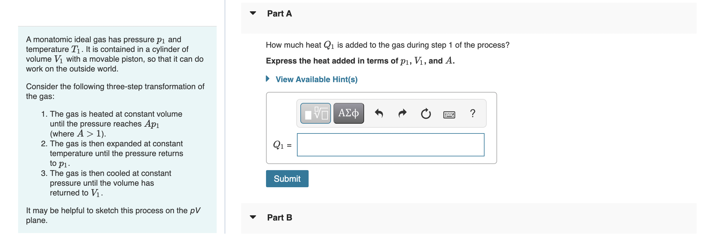 Solved A monatomic ideal gas has pressure p1 and temperature | Chegg.com