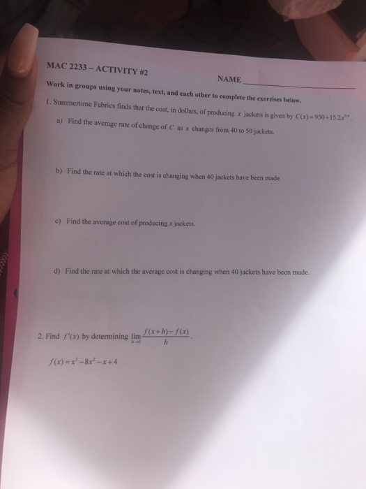 Solved MAC 2233-ACTIVITY #2 Work in groups using your notes, | Chegg.com