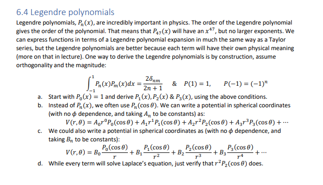 Solved 6.4 Legendre polynomials Legendre polynomials, P (x), | Chegg.com