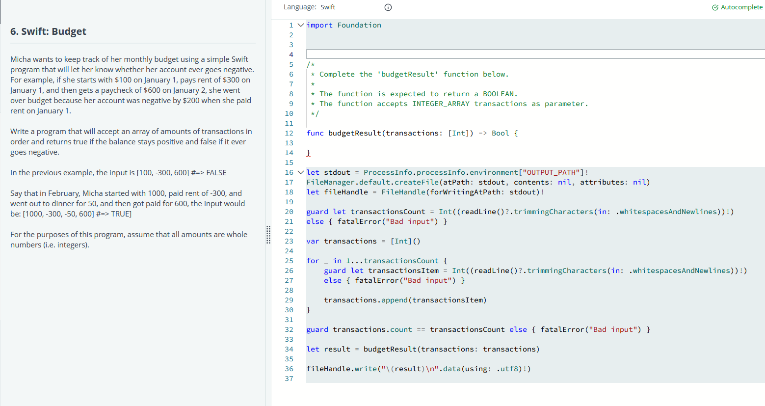 Solved 6. Swift: Budget Micha wants to keep track of her | Chegg.com