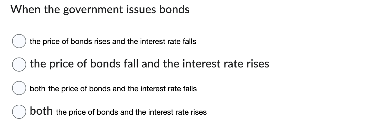 Solved When the government issues bonds the price of bonds | Chegg.com