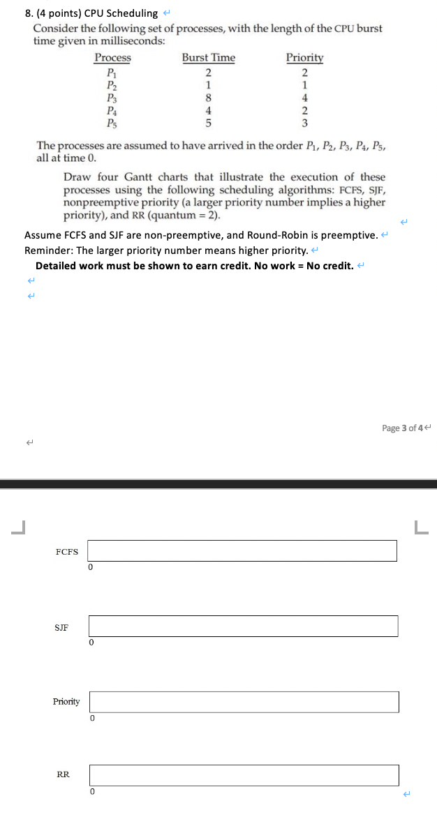 Solved 8. (4 points) CPU Scheduling Consider the following | Chegg.com
