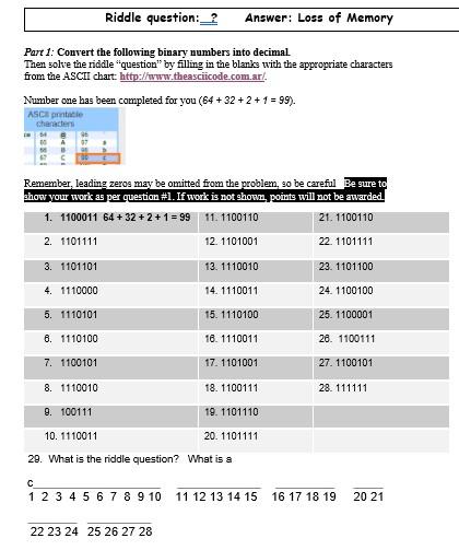 Solved Riddle question: 2 Answer: Loss of Memory Part 1: | Chegg.com