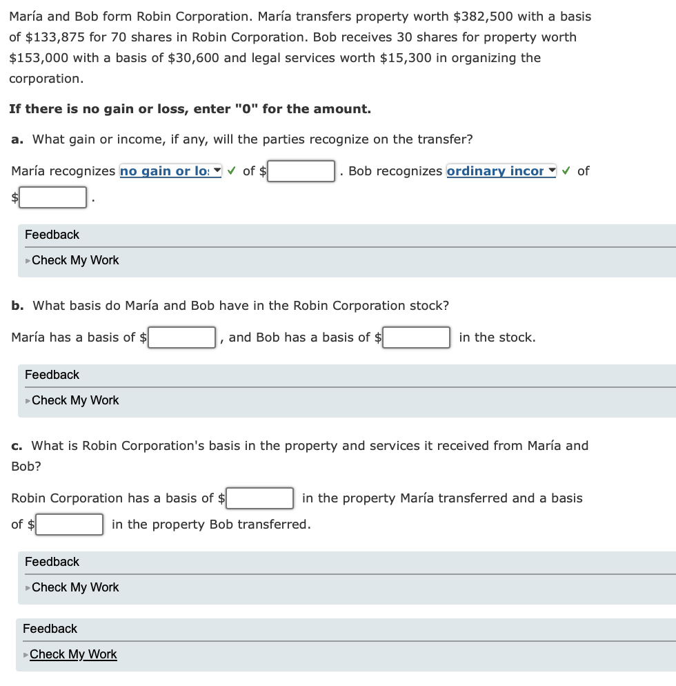 Solved María and Bob form Robin Corporation. María transfers | Chegg.com