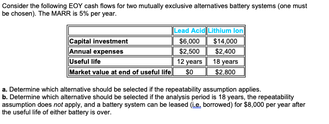 Consider the following EOY cash flows for two | Chegg.com
