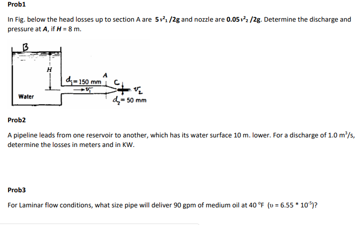 Solved Prob1 In Fig. below the head losses up to section A | Chegg.com