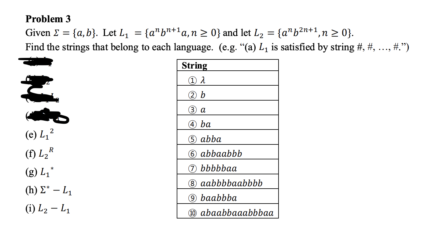 Solved Problem 3 Given £ = {a,b}. Let L1 = {a”bn+1a, n > 0} | Chegg.com