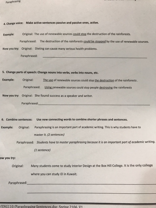 Solved Paraphrasing 4, Change voice: Make active sentences | Chegg.com