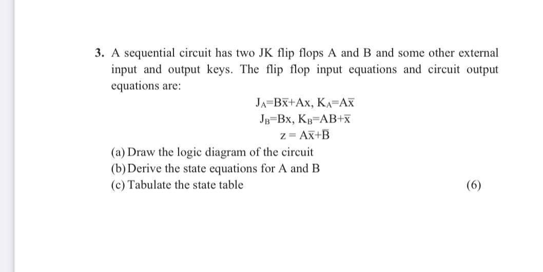 Solved 3. A sequential circuit has two JK flip flops A and B | Chegg.com