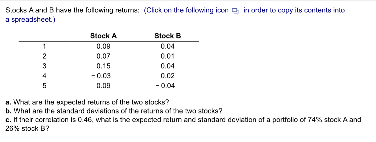 Solved Stocks A and B have the following returns: (Click on | Chegg.com